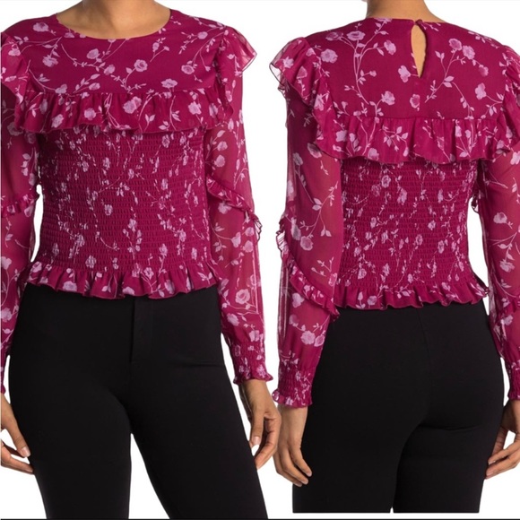 Wayf | Tops | Wayf Magenta Hot Pink Floral Print Smocked Blouse With ...